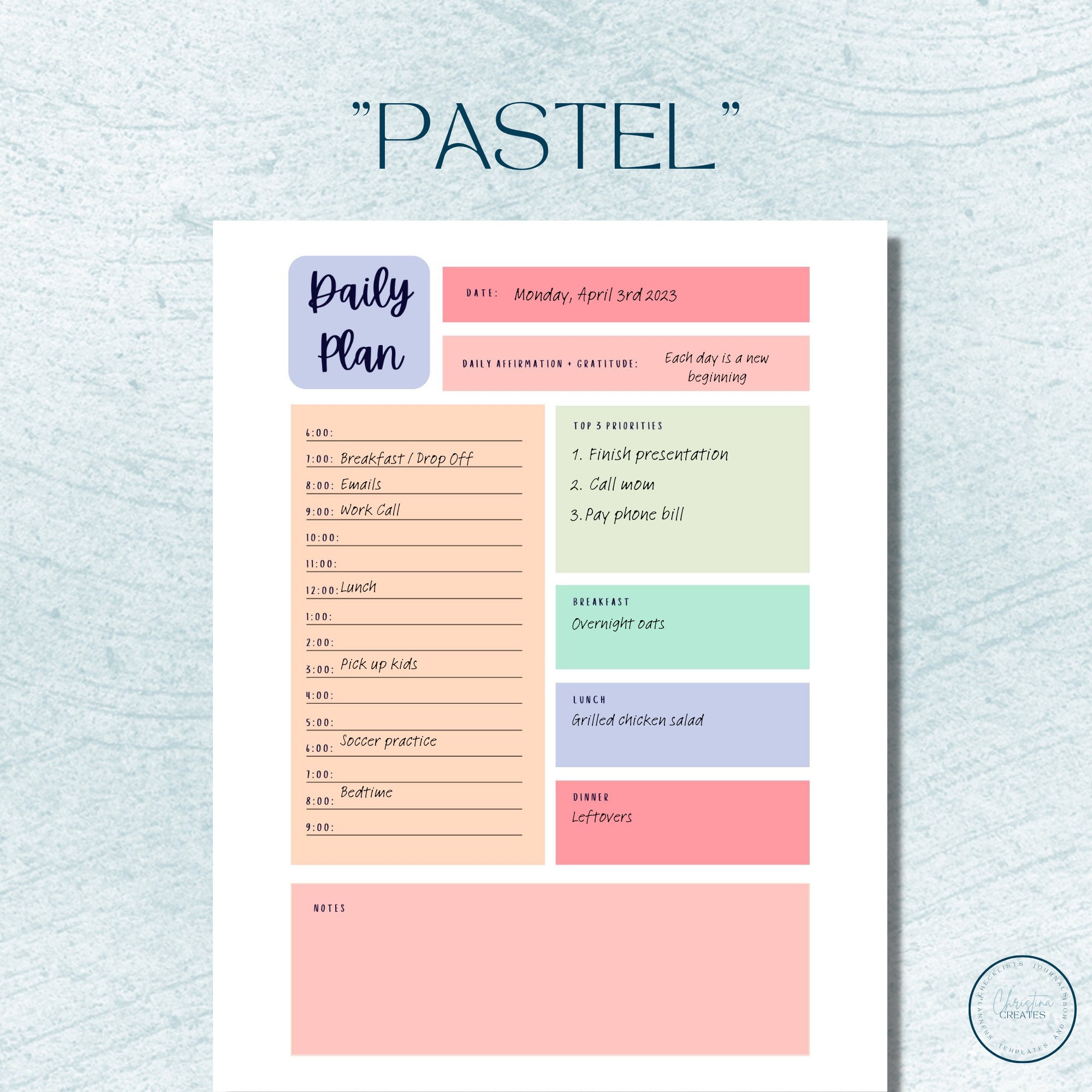 Pastel Daily Planner, Printable Daily Planner Page, One Page Planner ...