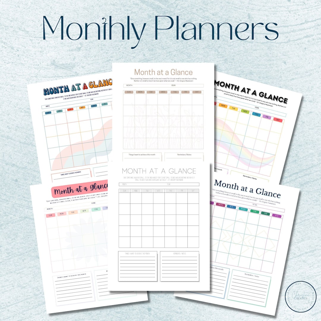 One Page Monthly Planner in Six Styles, Month at a Glance Printable ...