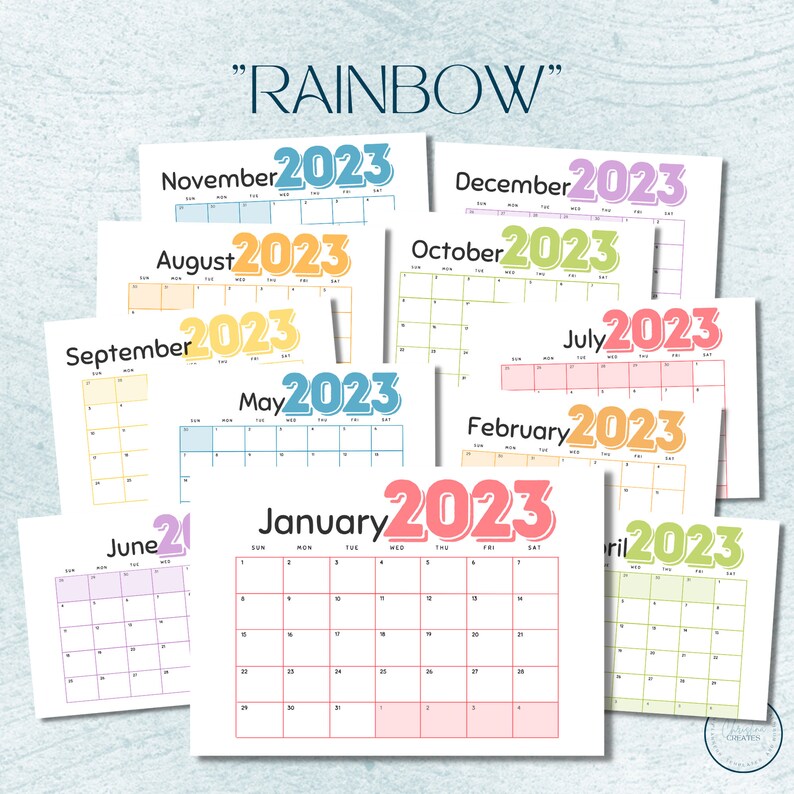 Rainbow Monthly Calendar 2023 Printable, Horizontal Calendar Planner ...
