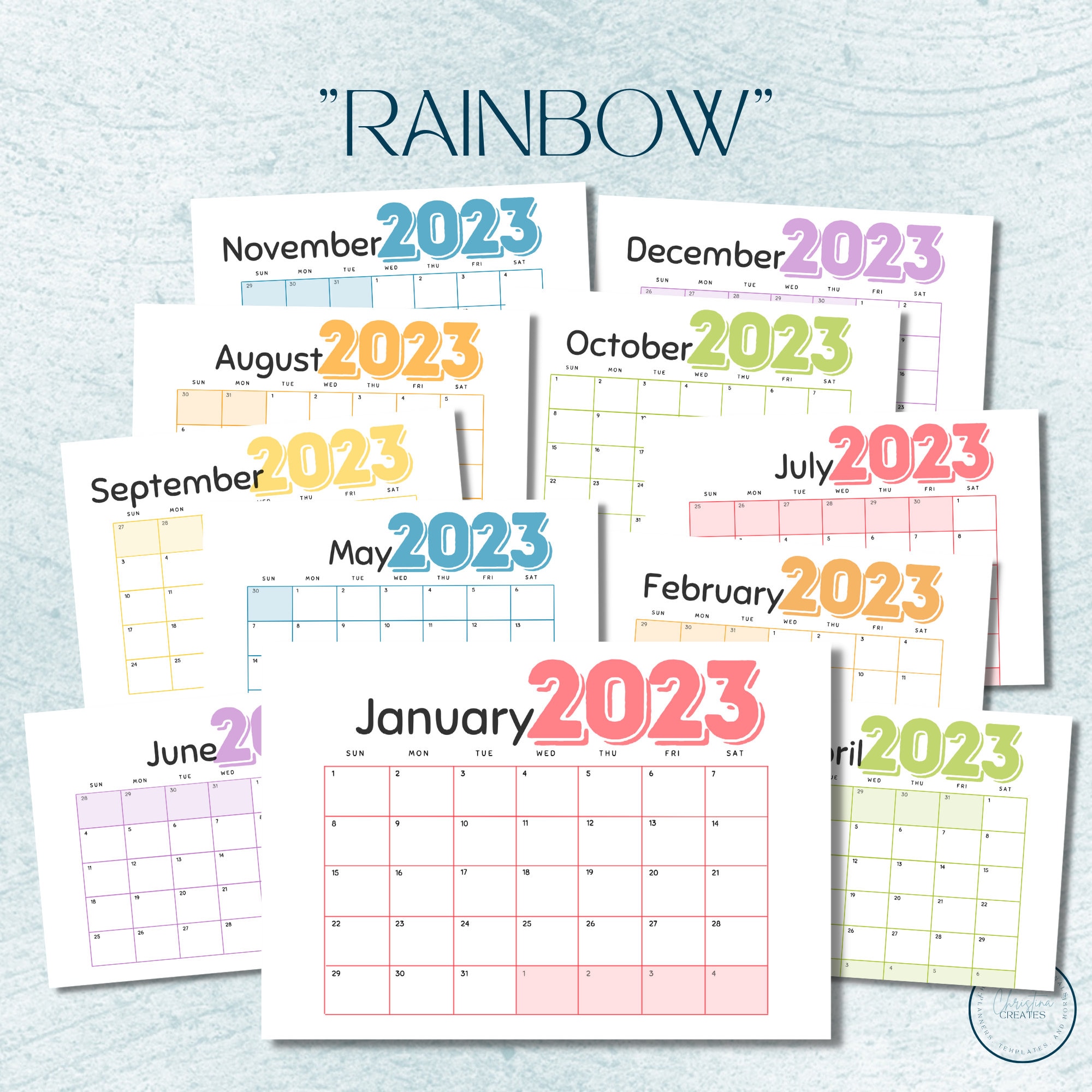 Rainbow Monthly Calendar 2023 Printable, Horizontal Calendar Planner ...