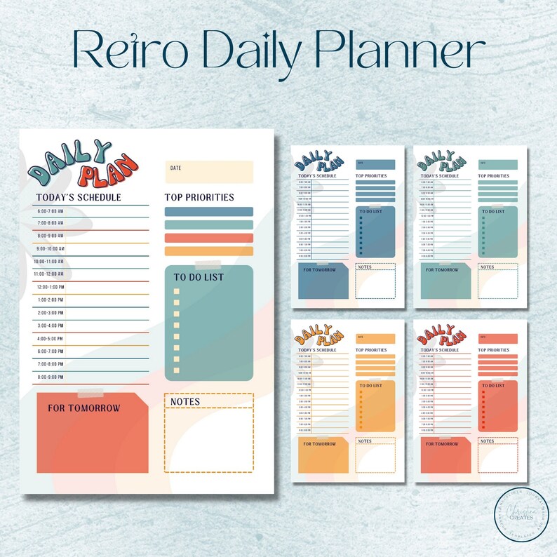 Retro Daily Planner Printable, One Page Digital Plan, Undated Hourly ...