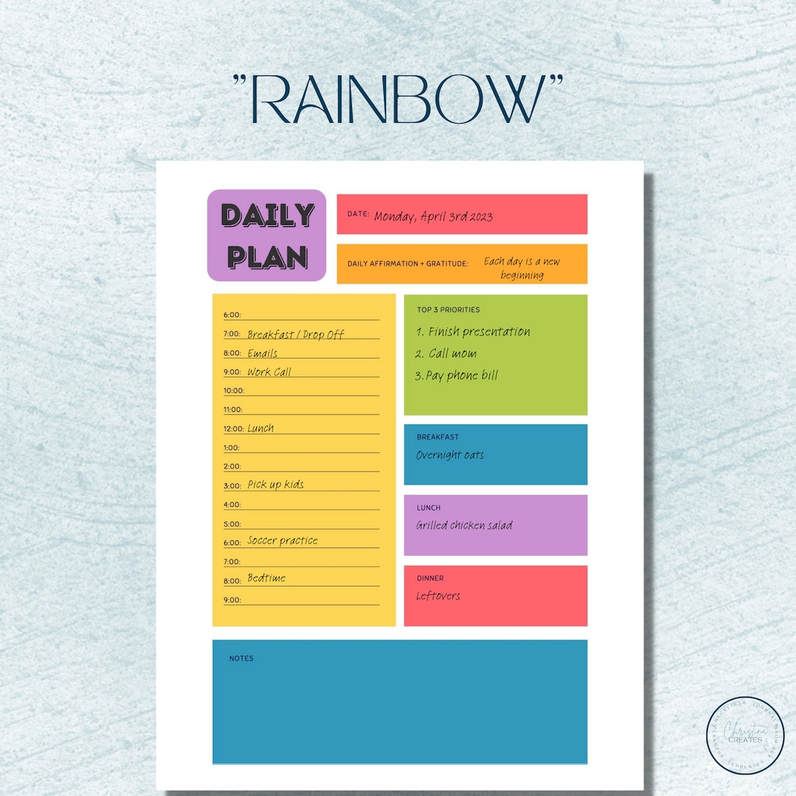 Rainbow Daily Planner, Printable Daily Planner Page, One Page Planner ...