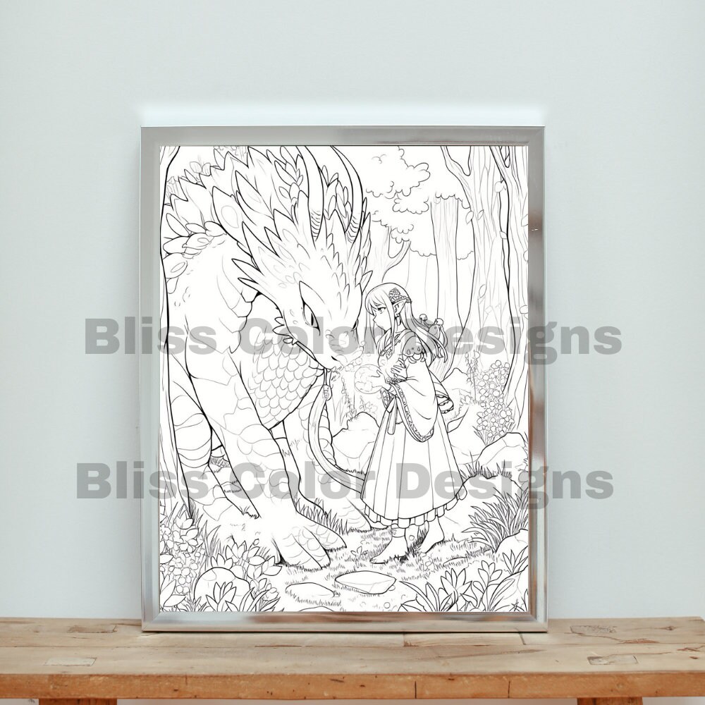 10 Fairytale Girl With Dragon Coloring Pages Digital PDF/PNG - Etsy