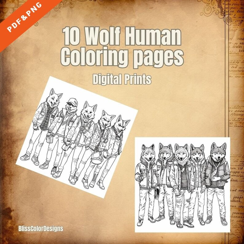 10 Wolf Human Coloring Pages Digital PDF/PNG - Etsy