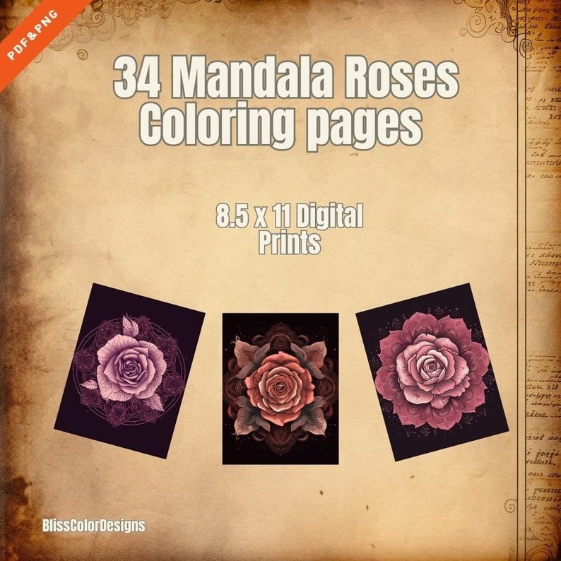34 Mandala Roses Coloring Pages Digital PDF/PNG - Etsy