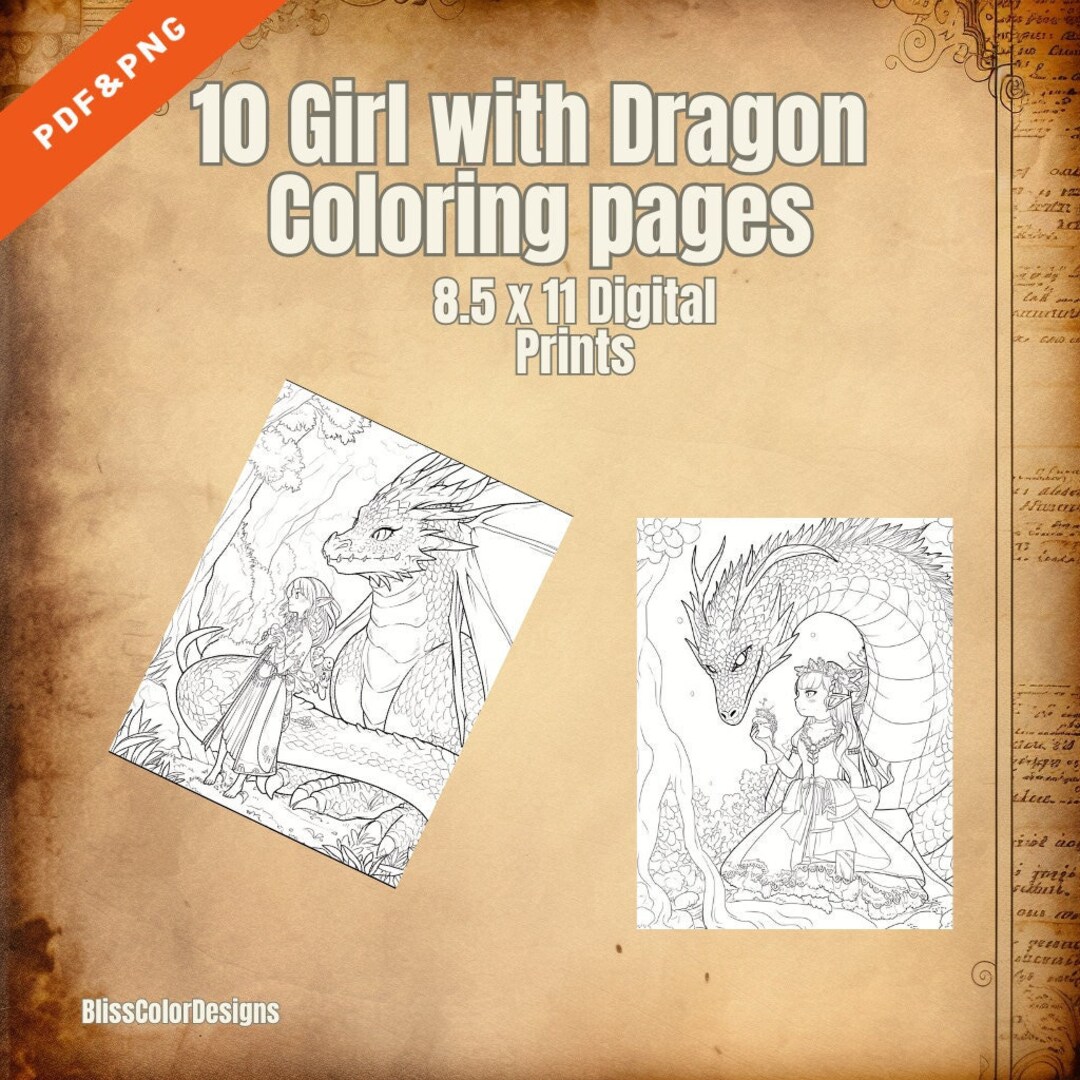 10 Fairytale Girl With Dragon Coloring Pages Digital PDF/PNG - Etsy