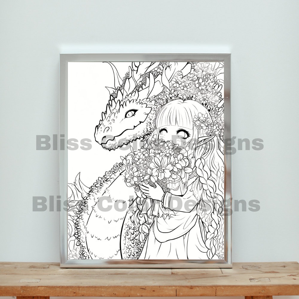 10 Fairytale Girl With Dragon Coloring Pages Digital PDF/PNG - Etsy
