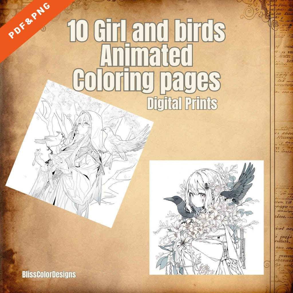 10 Animated Girl With Birds Coloring Pages Digital PDF/PNG - Etsy