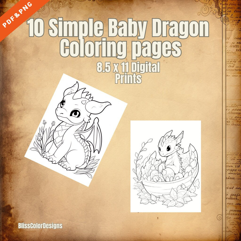 10 Simple Baby Dragon Coloring Pages Digital PDF/PNG - Etsy UK