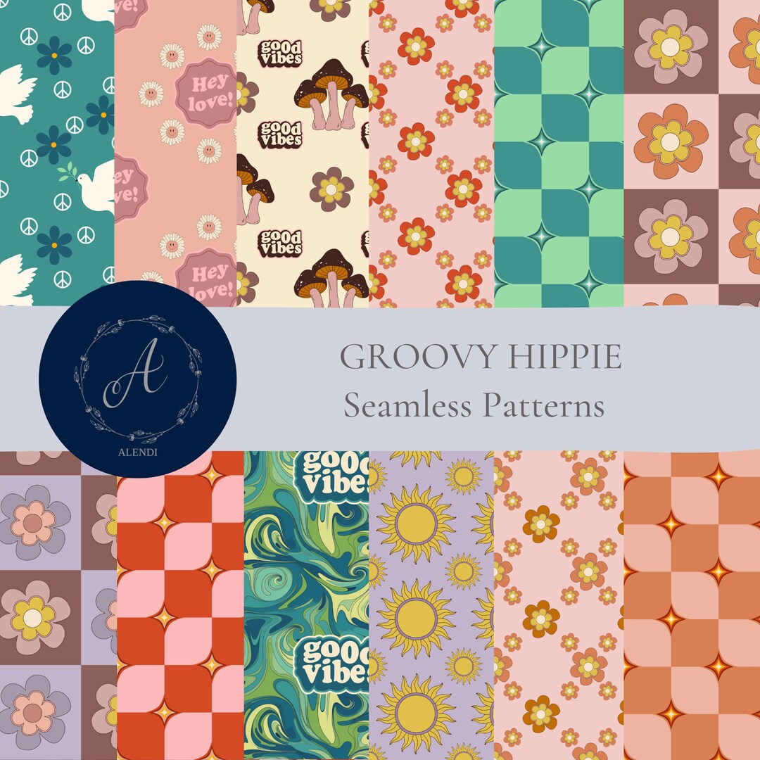 Groovy Retro Boho Hippie Seamless Pattern Flower Power Digital Print ...