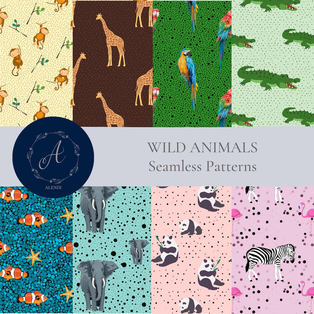 Wild Animals Seamless Pattern Crocodiles Parrots Elephants Monkeys ...