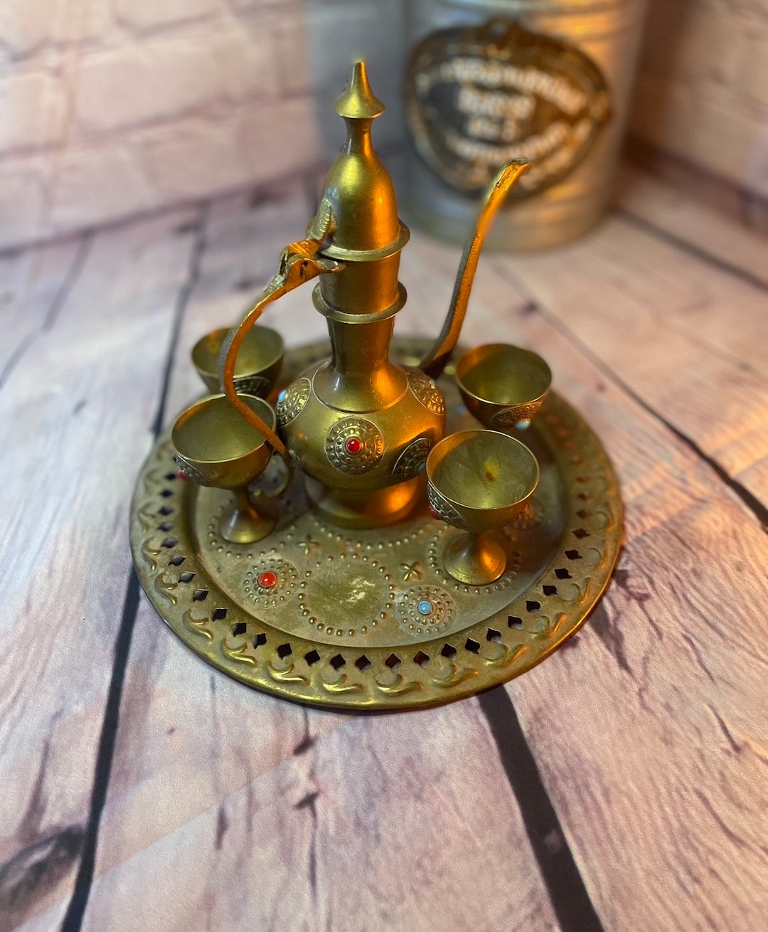 Exquisite Middle Eastern Brass Tea Set With Semi-precious Stone Cups ...