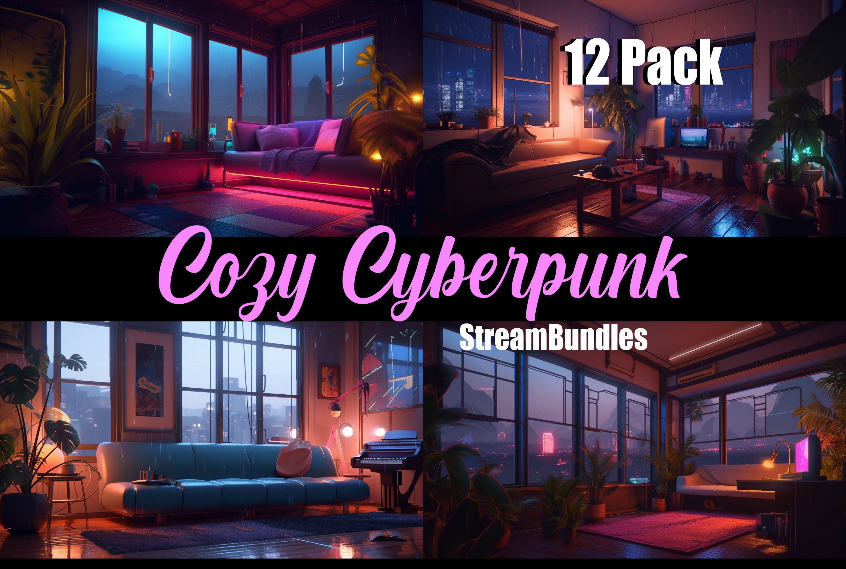 12x Vtuber Backgrounds for Streaming, Cozy Cyberpunk Rooms, Vtuber ...