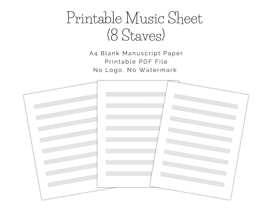 8 Staves Blank Sheet Music, Manuscript Paper, Printable A4 PDF, Instant ...