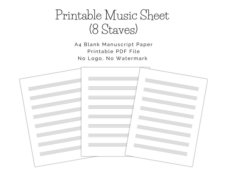 8 Staves Blank Sheet Music, Manuscript Paper, Printable A4 PDF, Instant ...