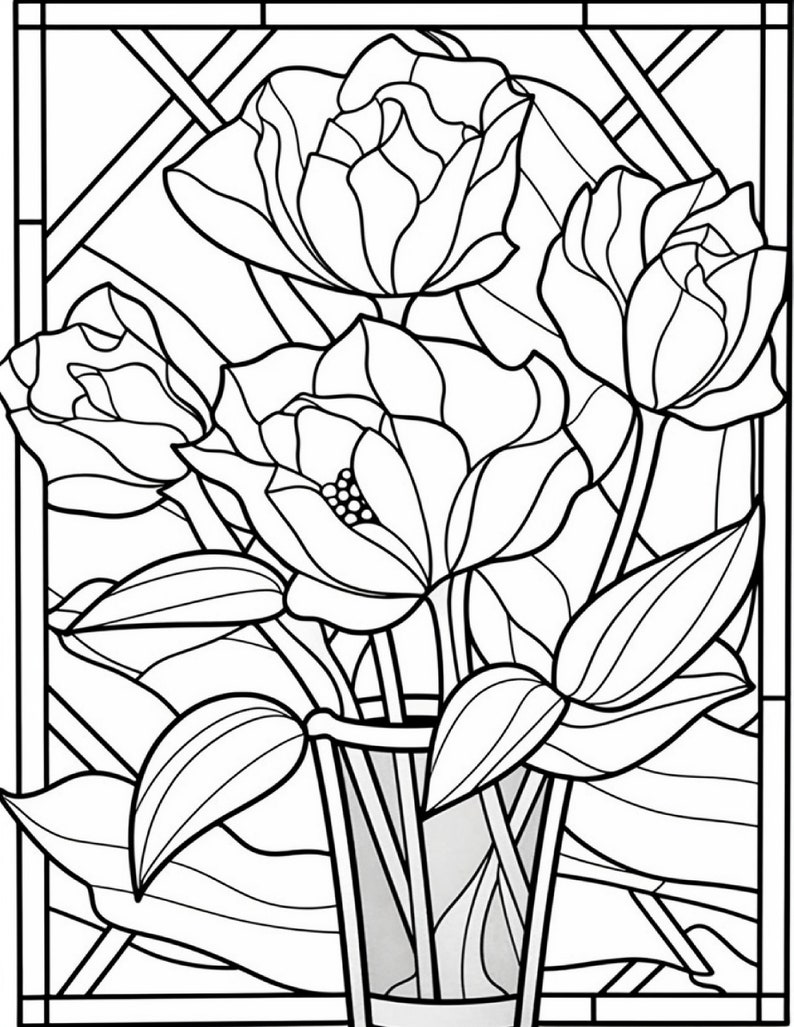 120 Stained Glass Flower Coloring Pages for All Ages, Flower Coloring ...