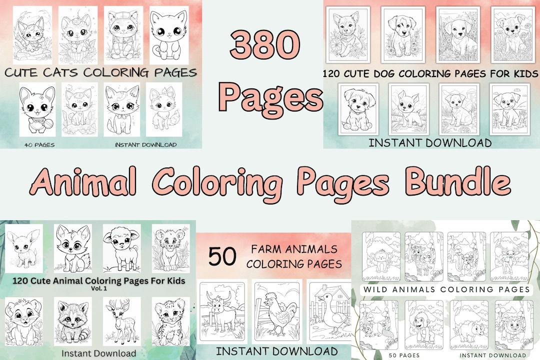 Animal Coloring Pages Bundle, Coloring Pages for Kids, Cute Animal ...