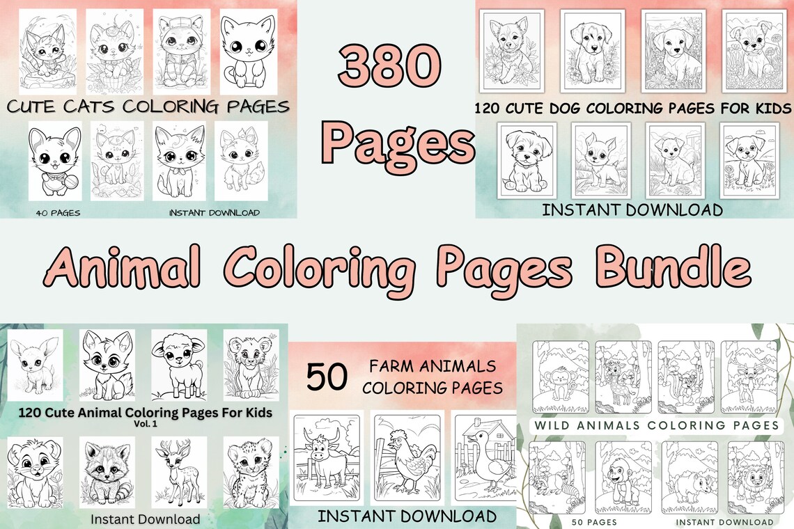 Animal Coloring Pages Bundle, Coloring Pages for Kids, Cute Animal ...