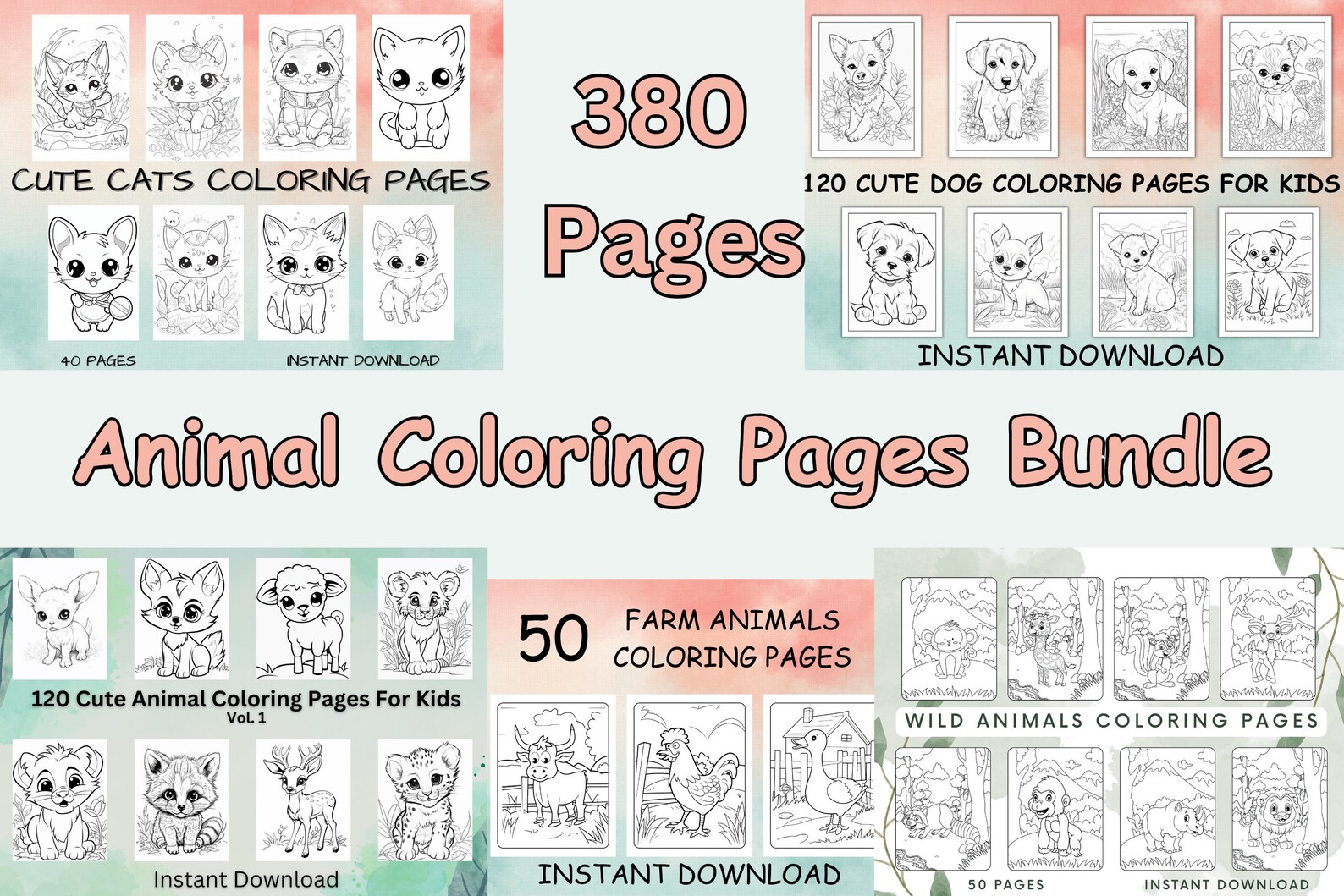 Animal Coloring Pages Bundle, Coloring Pages for Kids, Cute Animal ...