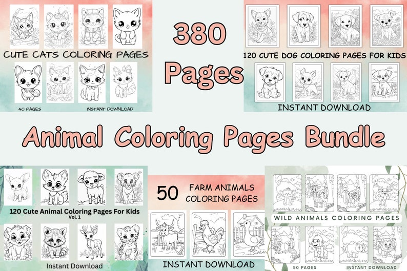Animal Coloring Pages Bundle, Coloring Pages for Kids, Cute Animal ...
