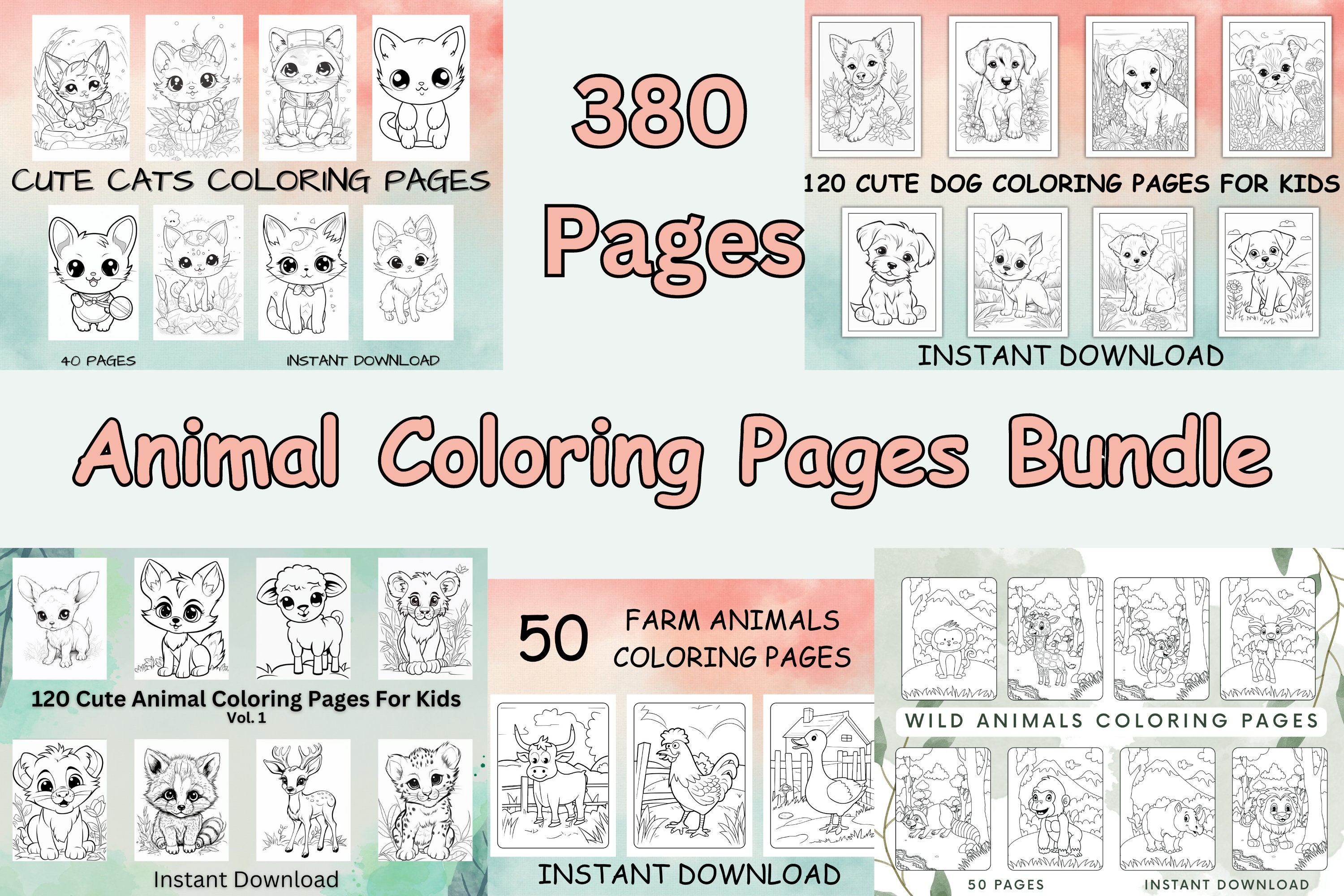 Animal Coloring Pages Bundle, Coloring Pages for Kids, Cute Animal ...