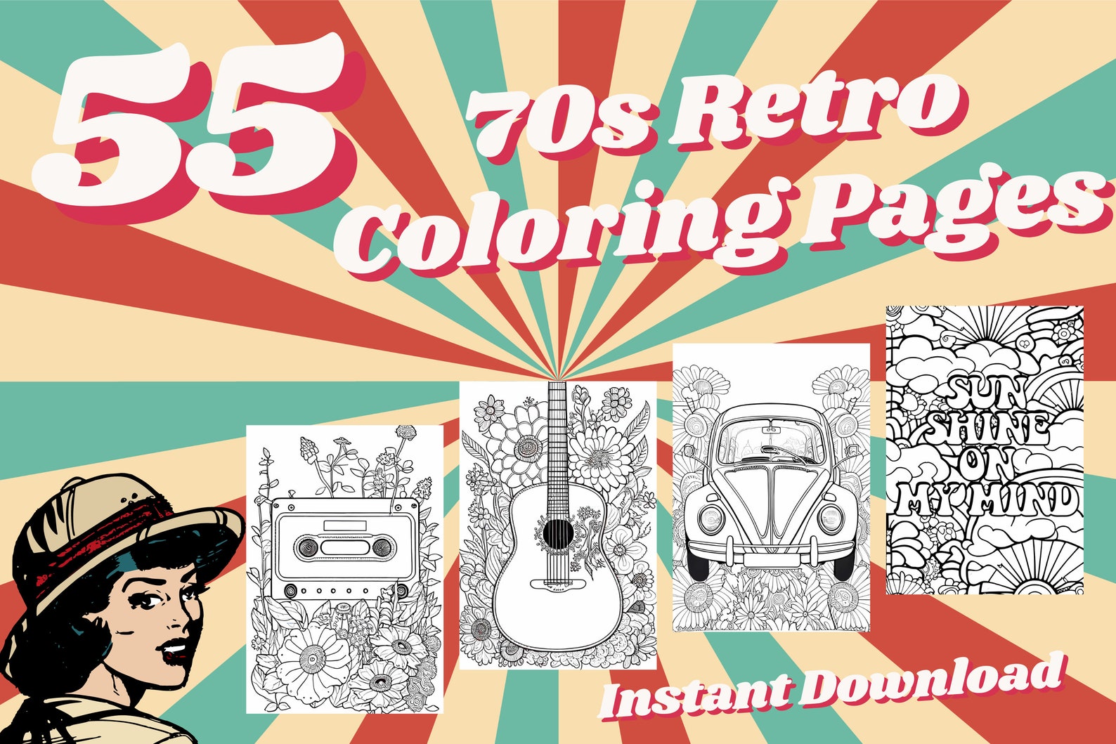 70s Retro Coloring Pages, Coloring Pages, Adult Coloring Pages, Retro ...