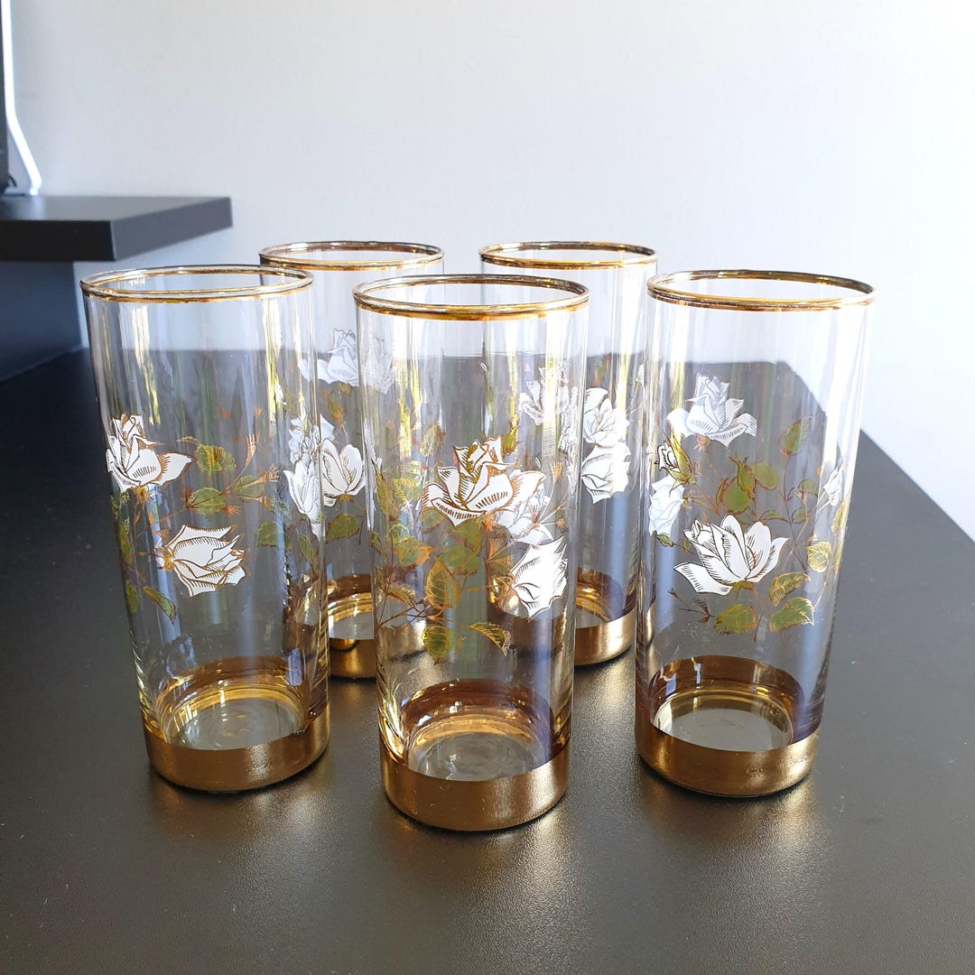 Retro White Rose Gold Rimmed Drinking Glasses - Set of 5 - Etsy