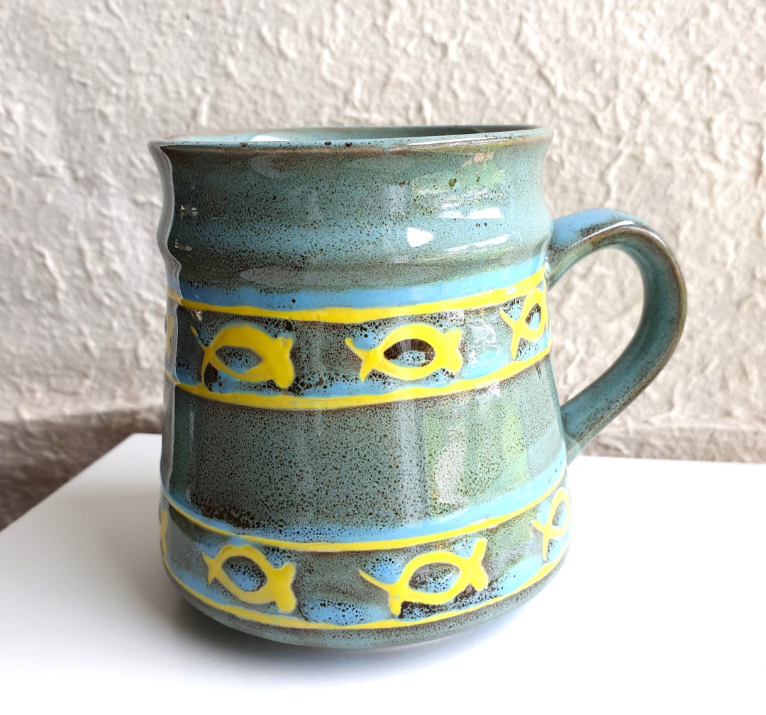 Yellow Fish Symbol Blue Ceramic Coffee Mug Cup - Made in Korea - Etsy