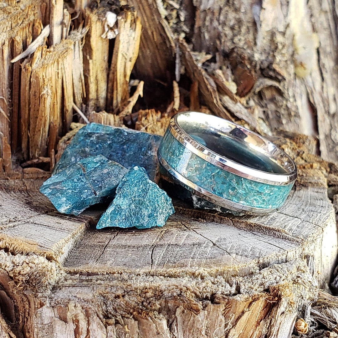 Blue Apatite - Crystal Inlay Ring, Tungsten Carbide Titanium Ceramic ...