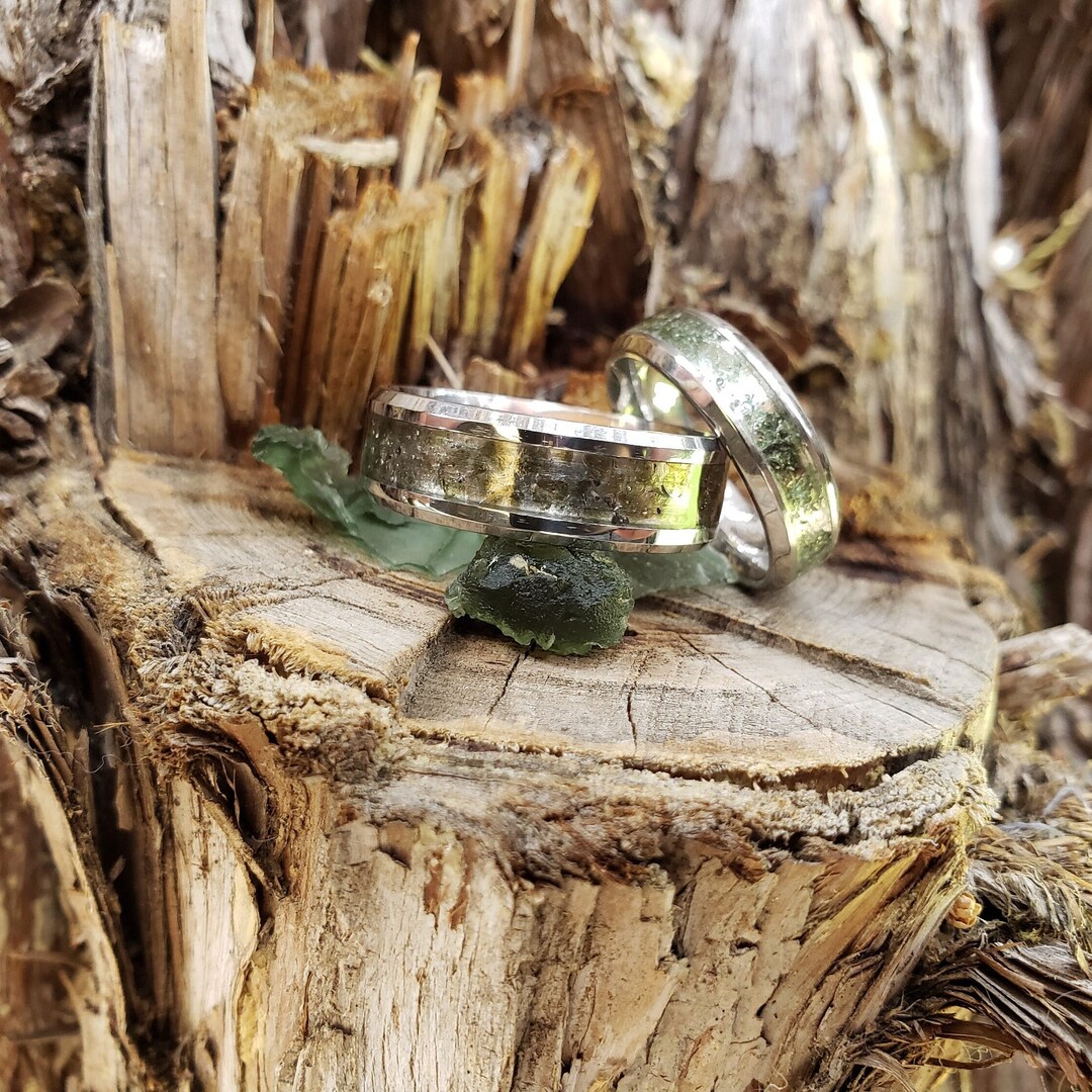 Moldavite Couples Crystal Inlay Ring, Tungsten Titanium Ceramic, Men ...