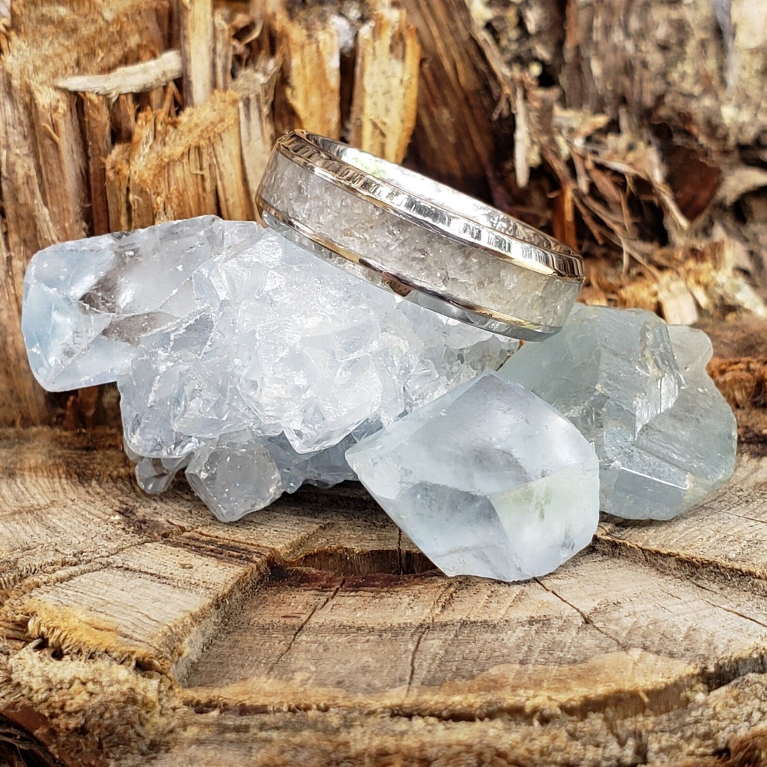 Blue Ice Ring (slim) - Celestite Crystal Inlay 6mm Ring, Titanium Band ...