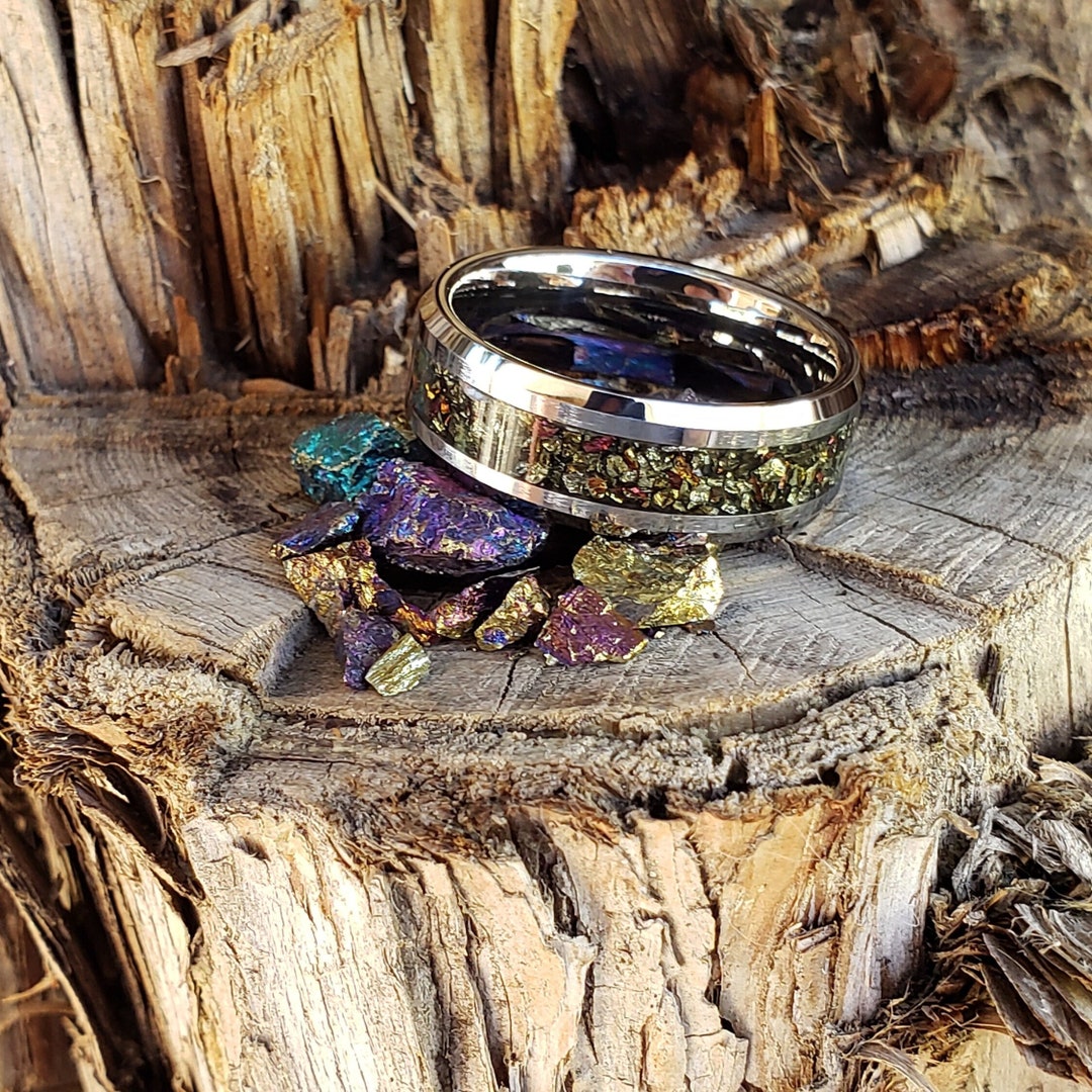 Rainbow Gold Ring - Chalcopyrite Crystal Inlay, Tungsten Titanium ...
