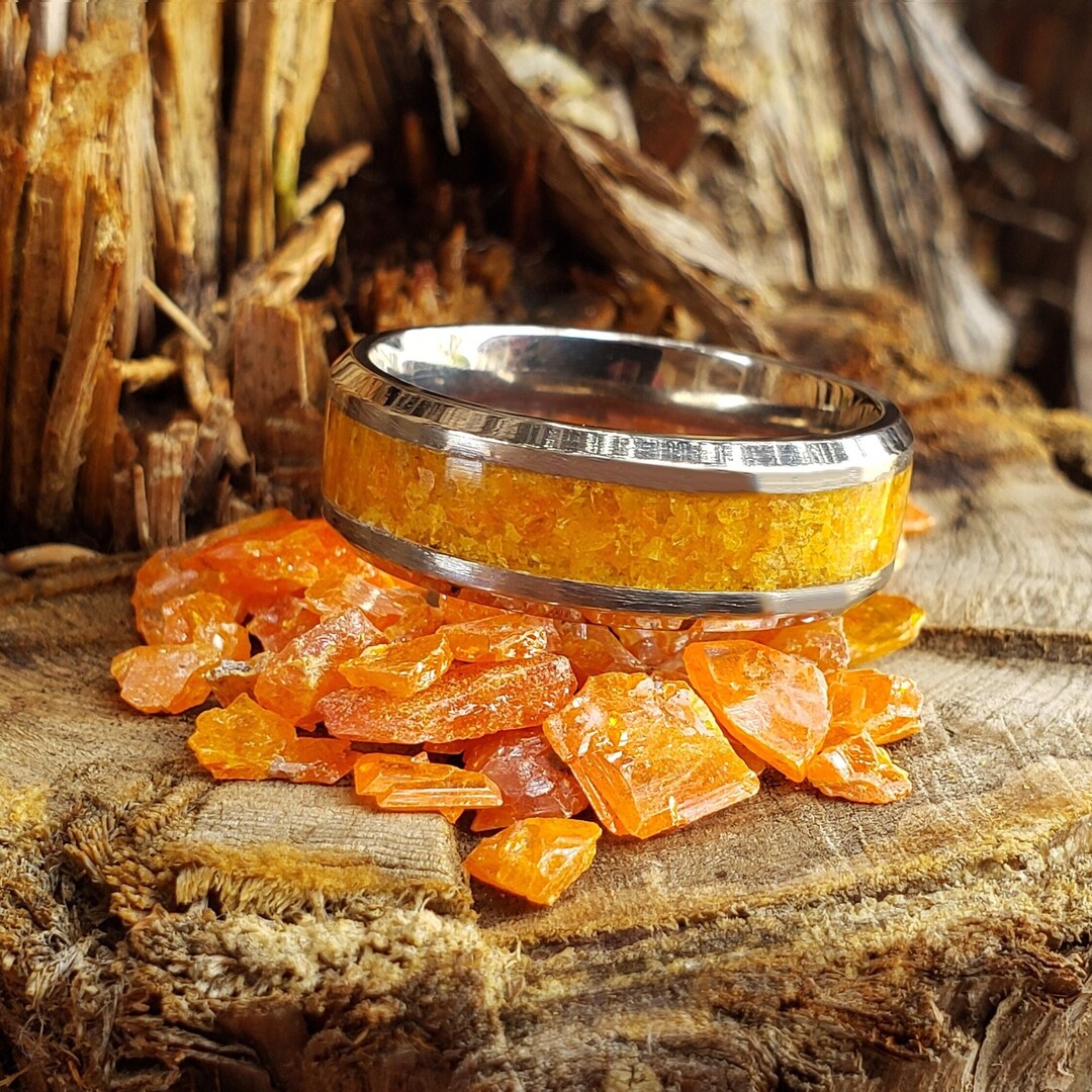 Desert Flame Ring - Wulfenite Crystal Inlay With Titanium, Tungsten ...