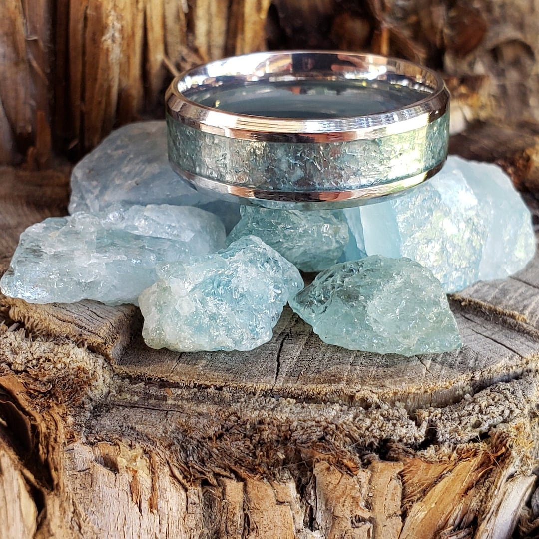 Open Sea Ring - Aquamarine Crystal Inlay, Tungsten Titanium Ceramic ...