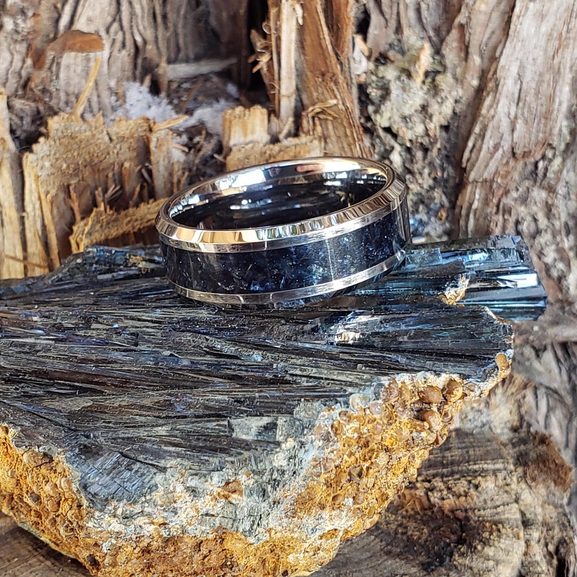 Reaper Ring - Vivianite Crystal Inlay Ring, Tungsten Titanium Ceramic ...