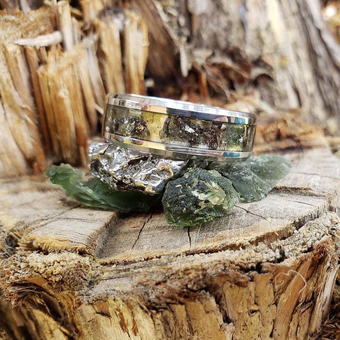 Impact Ring - Moldavite and Gibeon Meteorite Inlay Ring, Tungsten ...