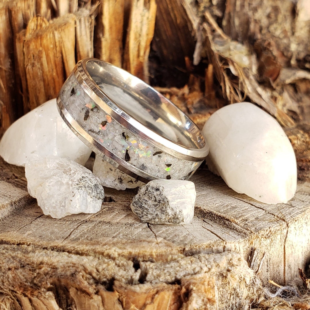 Moondust Ring - Rainbow Moonstone & Opal Crystal Inlay With Titanium ...