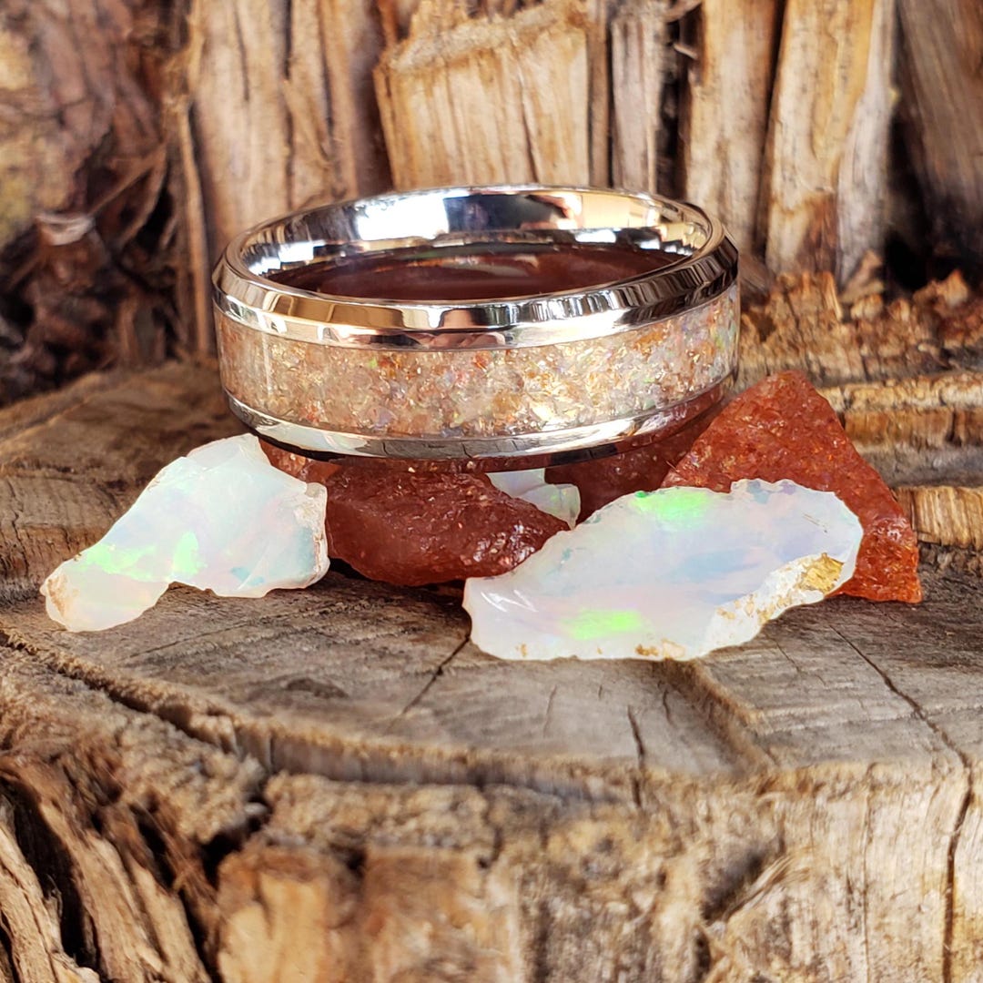 Helios Ring - Sunstone & Opal Crystal Inlay, Tungsten Titanium Ceramic ...
