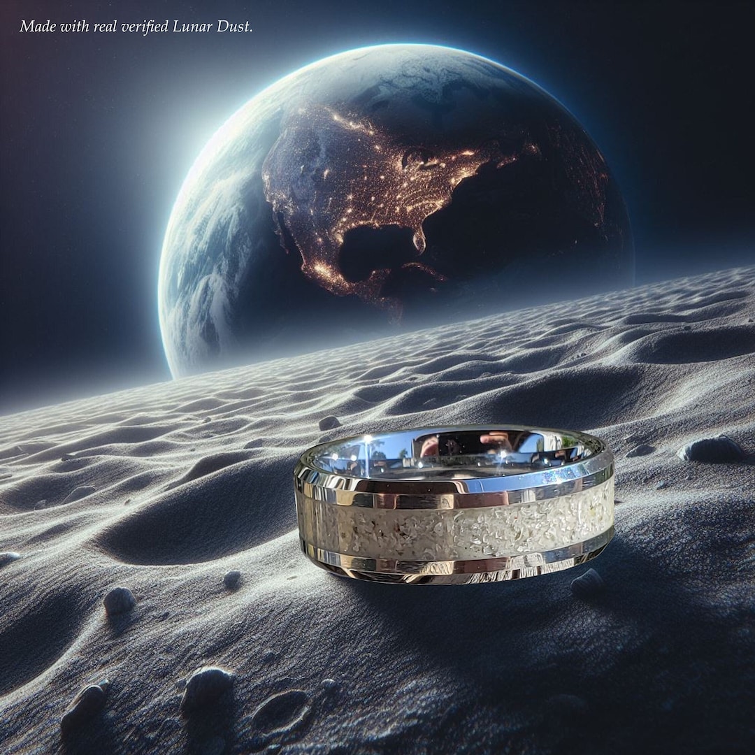Lunar Ice Glow Ring - Moon Dust & Diamond Inlay, Tungsten Titanium ...