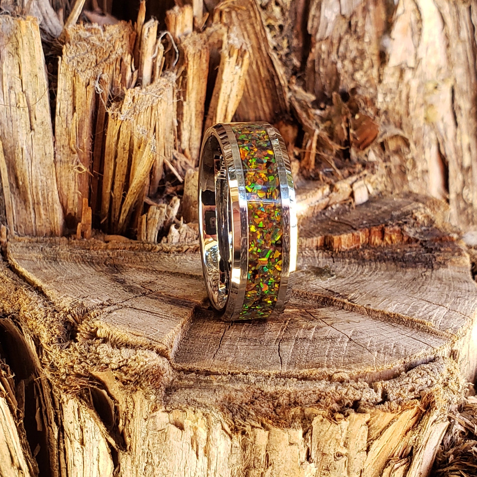 Inferno Ring - Orange Opal Crystal Inlay, Tungsten Titanium Ceramic ...