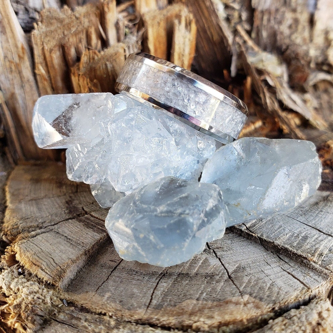 Blue Ice Ring - Celestite Crystal Inlay With Titanium, Tungsten, Black ...