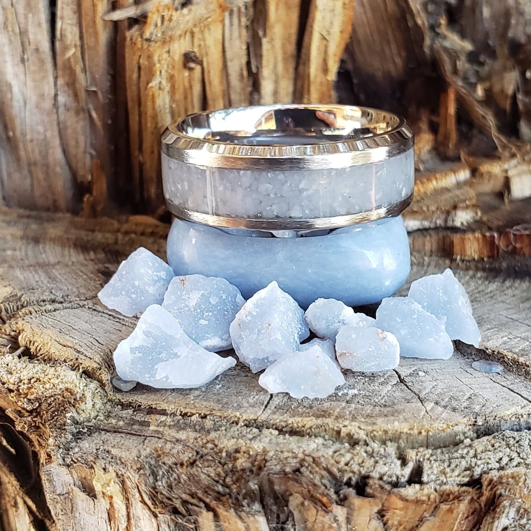 Angel Ring - Angelite Crystal Inlay, Tungsten Titanium Ceramic, Men ...