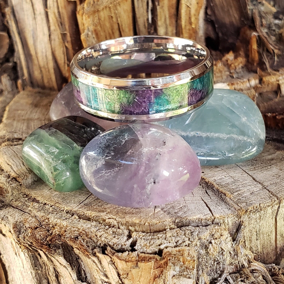 Clarity Ring - Rainbow Fluorite Crystal Inlay, Tungsten Titanium ...