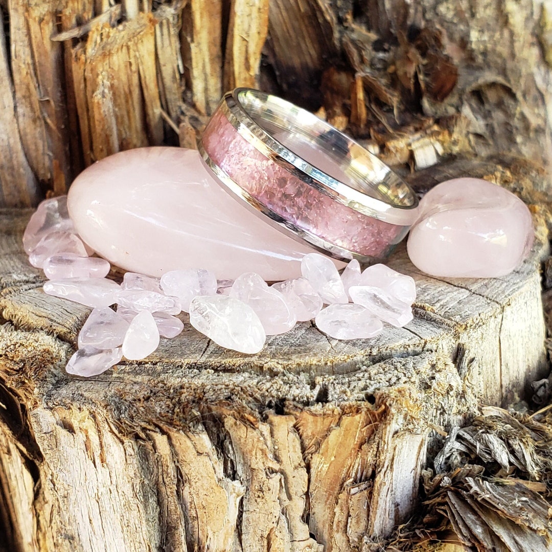 Pure Love Ring - Rose Quartz Crystal Inlay, Tungsten Titanium Ceramic ...
