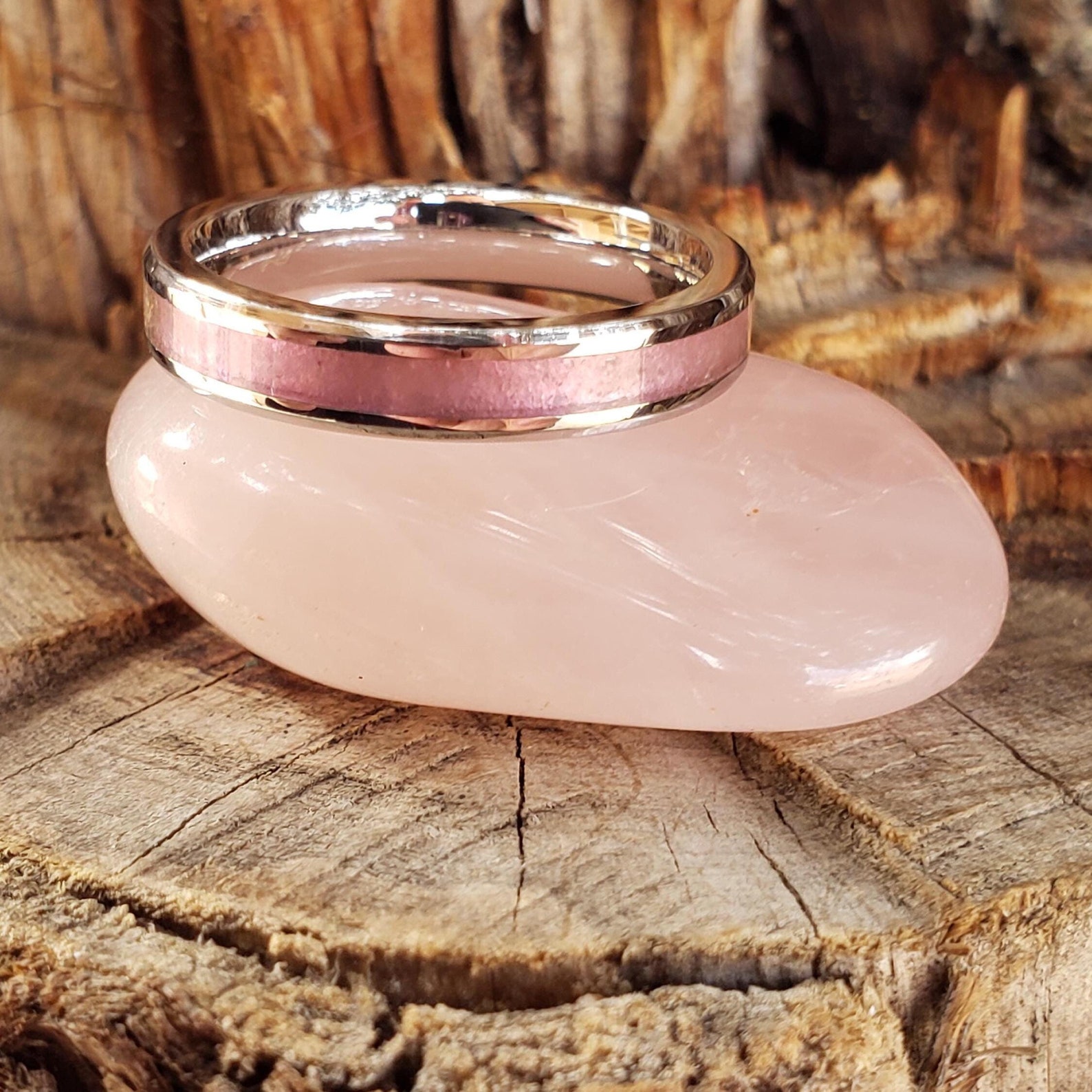 Pure Love Ring - Rose Quartz Stacking Crystal Inlay, Tungsten Titanium ...