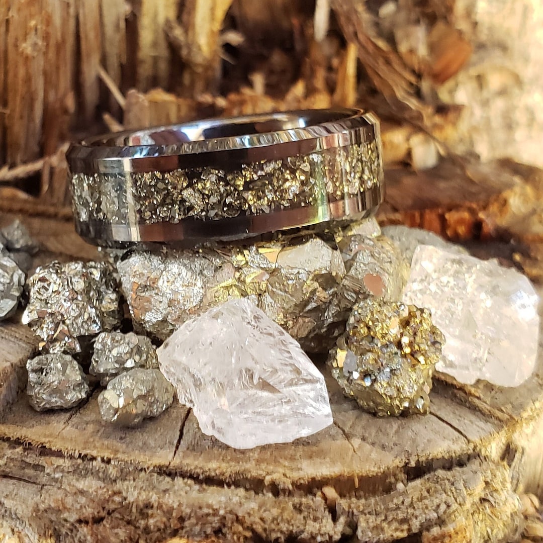 Timeless Ring - Diamond & Pyrite Crystal Inlay Ring, Tungsten Ceramic ...