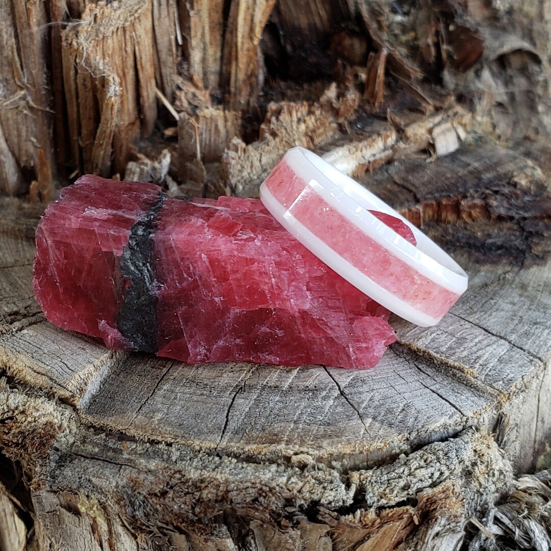 Arctic Rose Ring - Rhodonite Crystal Inlay, Tungsten Titanium Ceramic ...
