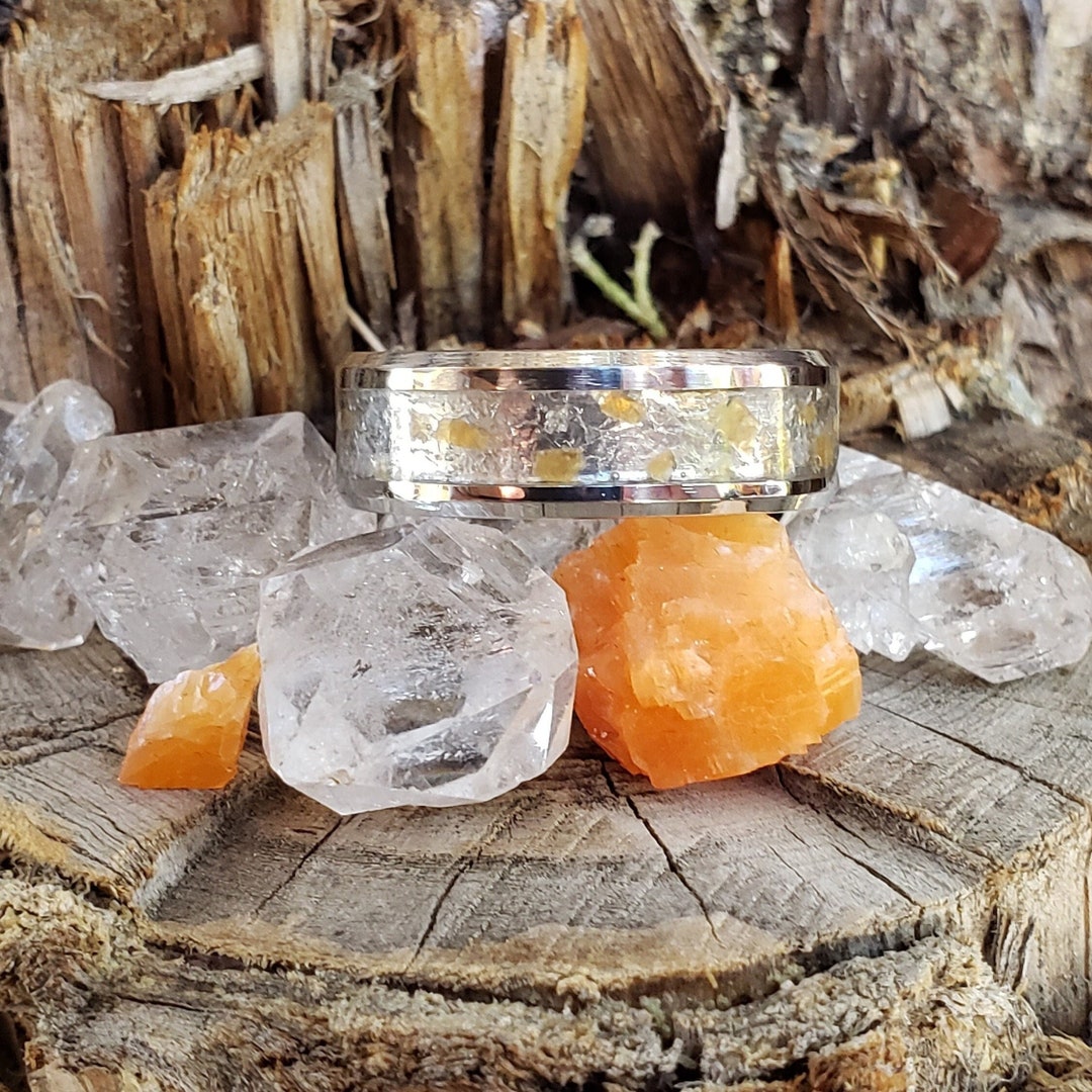 Sol Ring - Herkimer Diamond & Sunstone Crystal Inlay, Tungsten Titanium ...