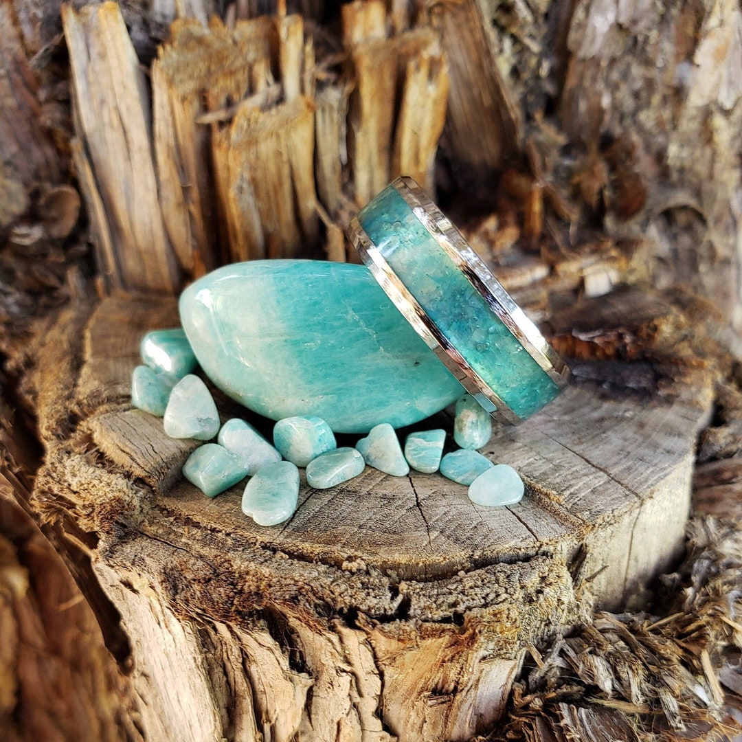 Amazon Ring - Amazonite Crystal Inlay, Tungsten Titanium Ceramic, Men Women, Wedding Ring, His ...