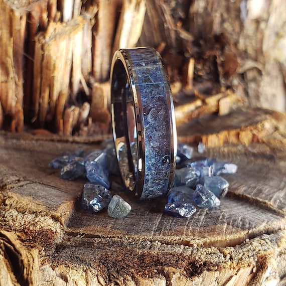 Dark Wisdom Ring Blue Sapphire Crystal Inlay Tungsten Ceramic Men Women Wedding Ring His Hers Promise Ring Engagement Ring 8mm 6mm